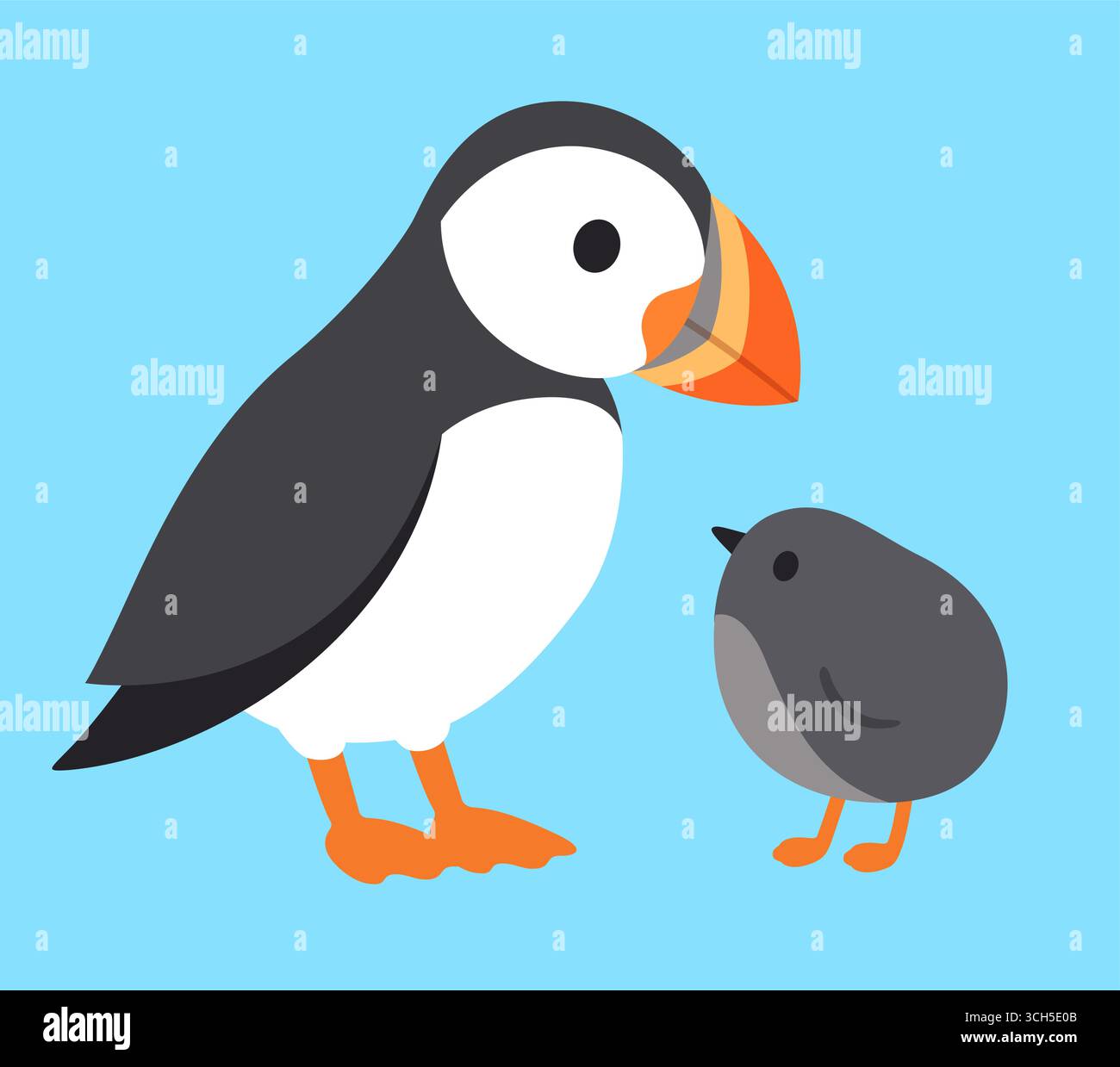 Cute cartoon puffin bird with baby chick (puffling). Funny animals ...