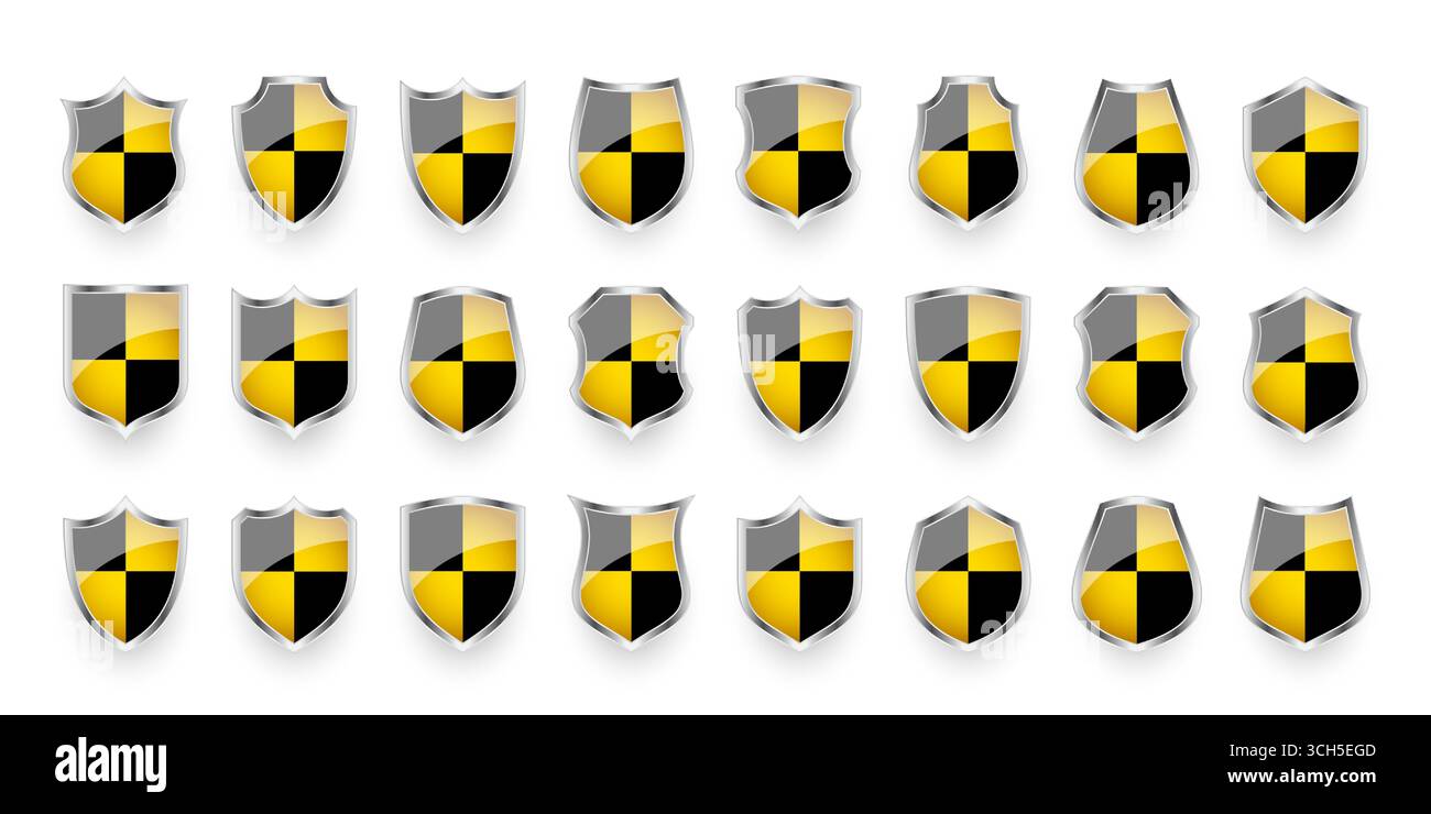 Glossy shields with yellow and black pattern. Security and protection ...