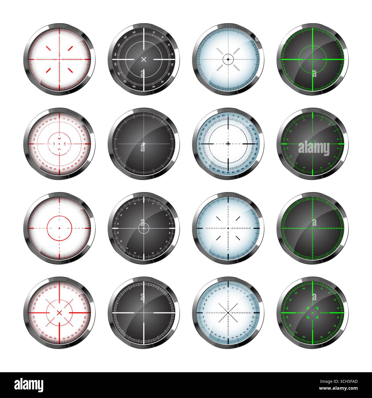 Chrome weapon sights, sniper rifle optical scopes. Hunting gun ...