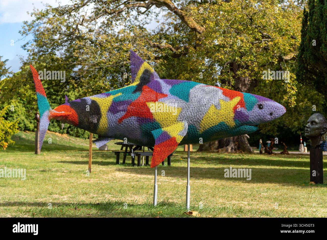 A sculpture of a multi-coloured wire mesh shark at the Altered States ...