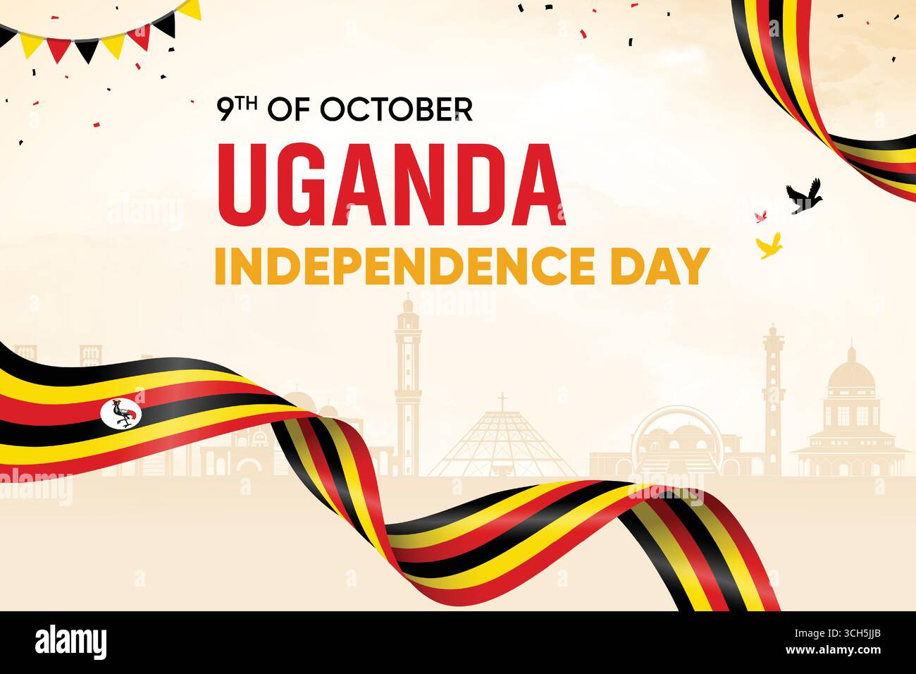 Uganda Flag Waving On Skyline Background. Independence Day Concept ...