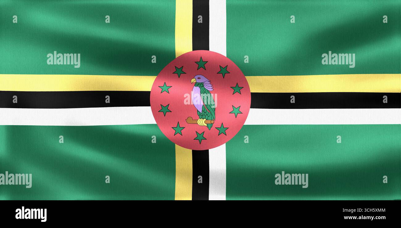 Waving flag of Dominica, a vibrant Caribbean island nation, displays ...