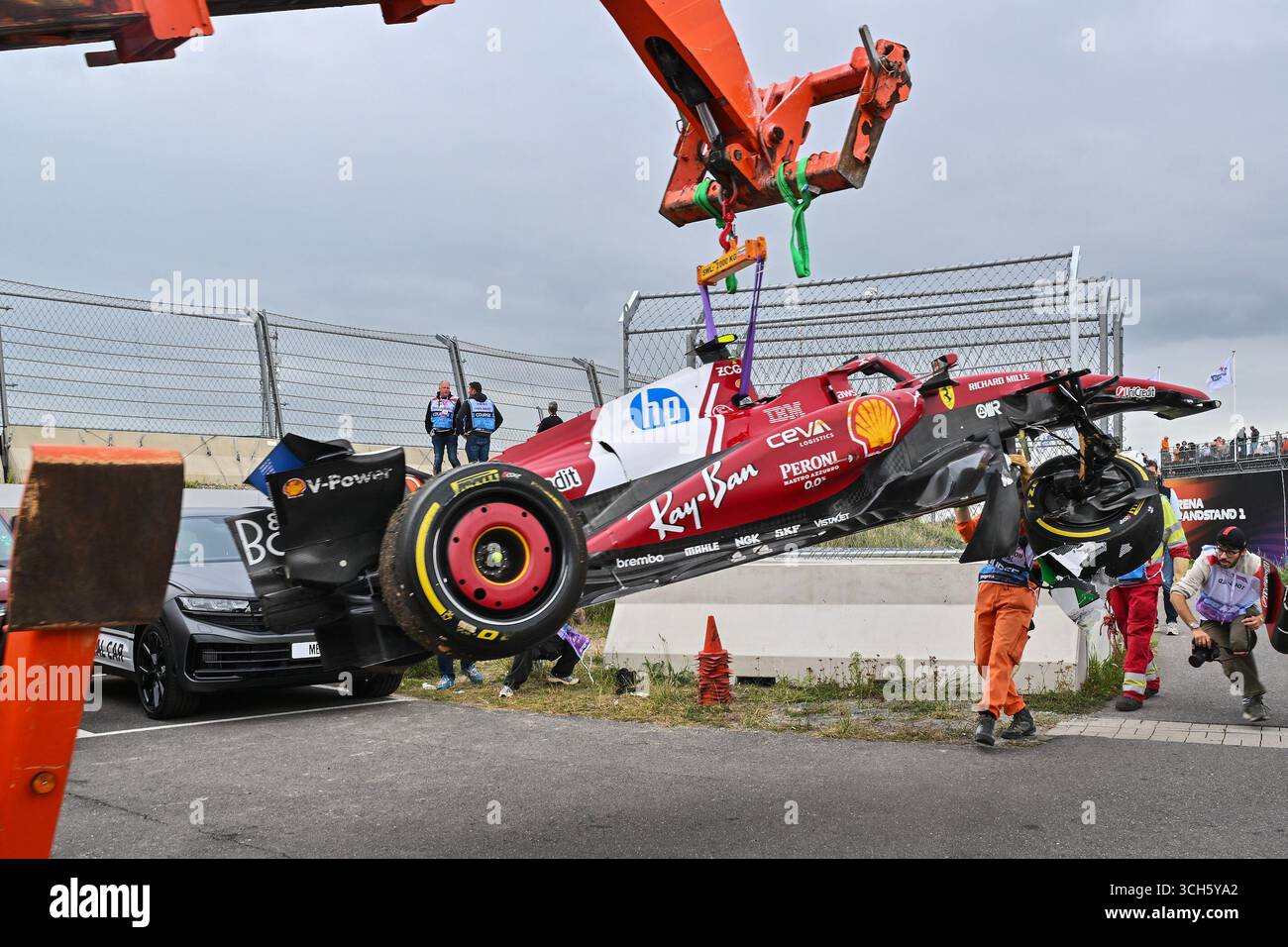 ZANDVOORT, NETHERLANDS - The crash damaged (44) Ferrari SF-25 of UGUST ...