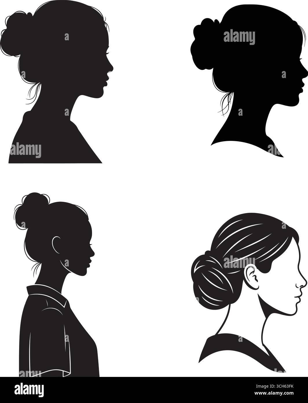 Silhouette Collection: Four Female Profiles with Updo Hairstyles Stock ...