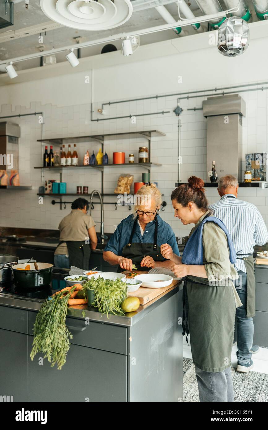 Female chef helping senior woman in cooking class at commercial kitchen ...