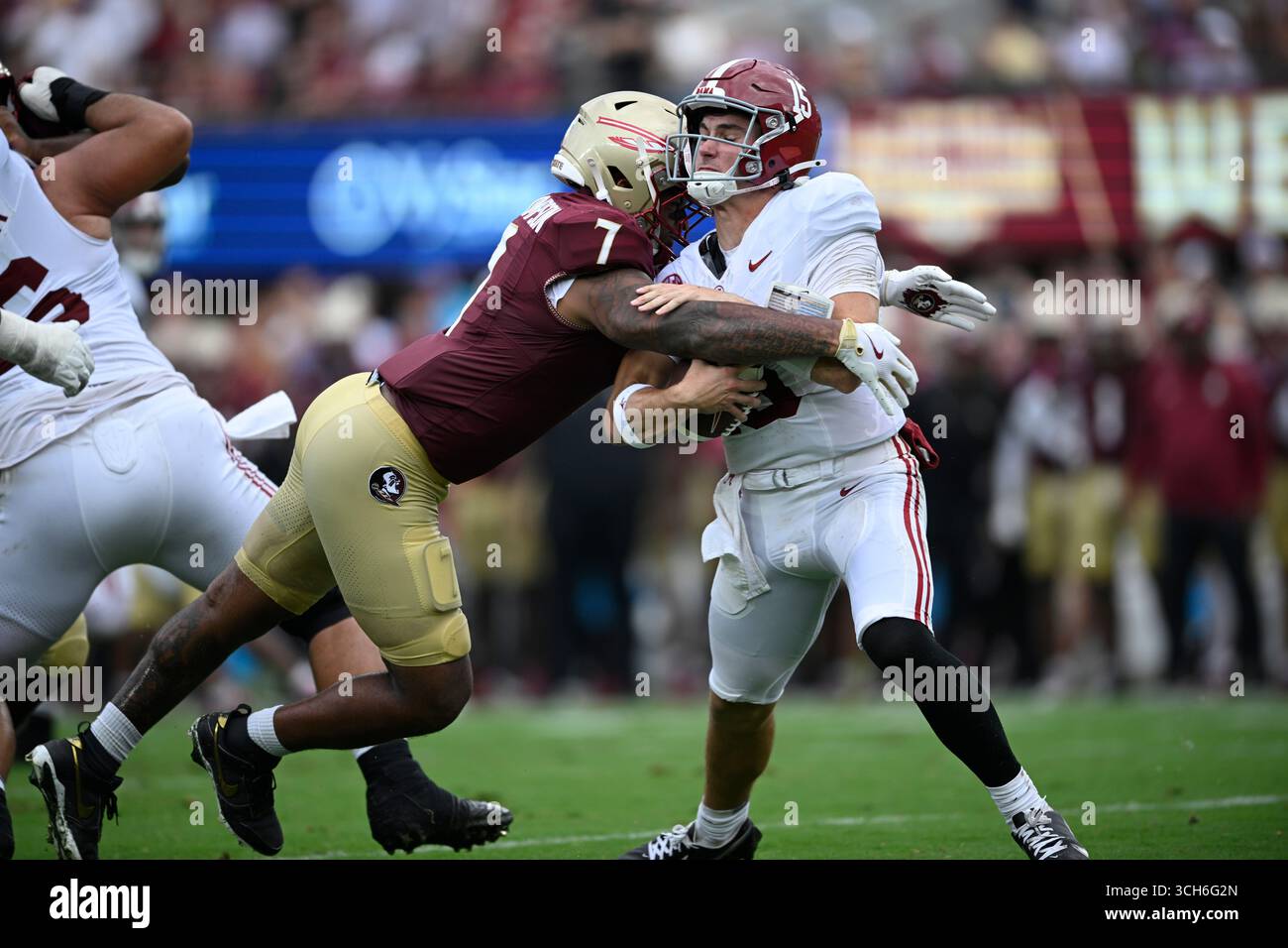 Florida State linebacker Stefon Thompson (7) sacks Alabama quarterback ...