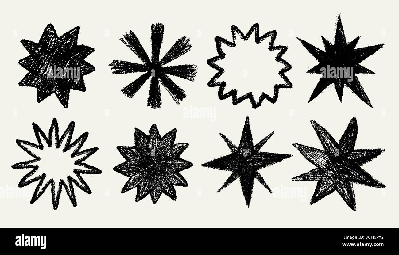 Crayon star set with bold sketch texture in black, hand drawn spiky and ...