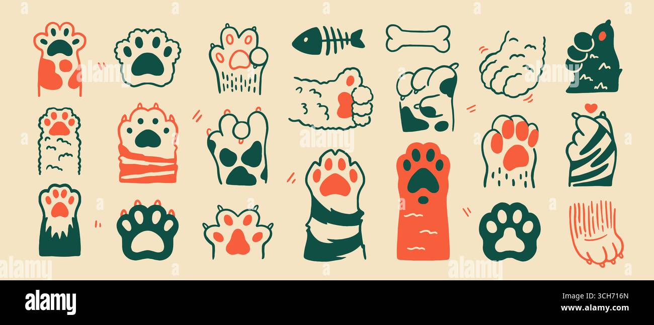 Set of cute cat paws. Doodle icons with fluffy kitten paws with claws ...