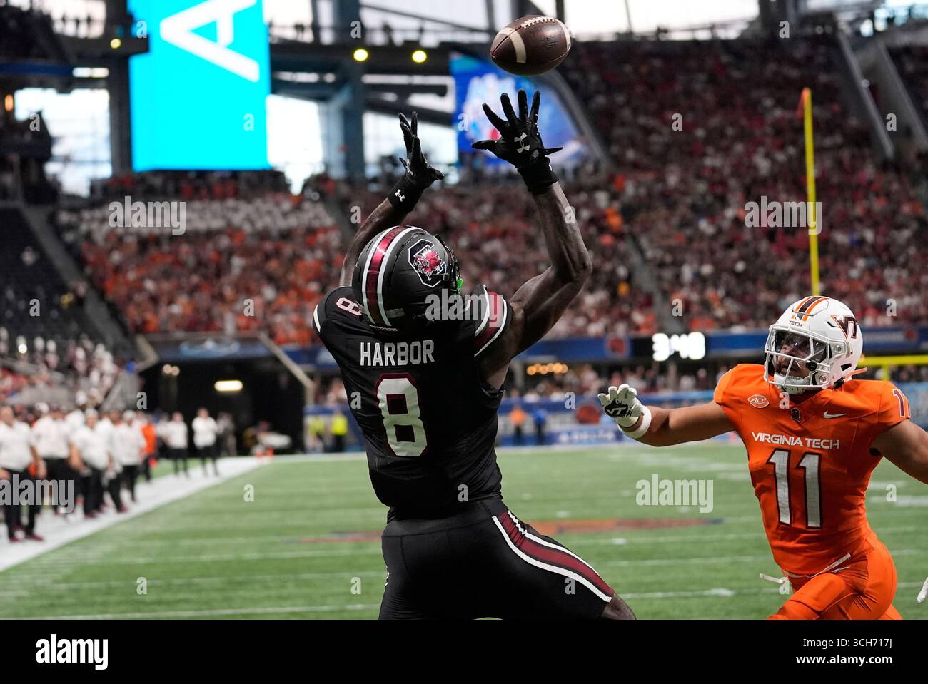 South Carolina wide receiver Nyck Harbor (8) looses control of the ball ...