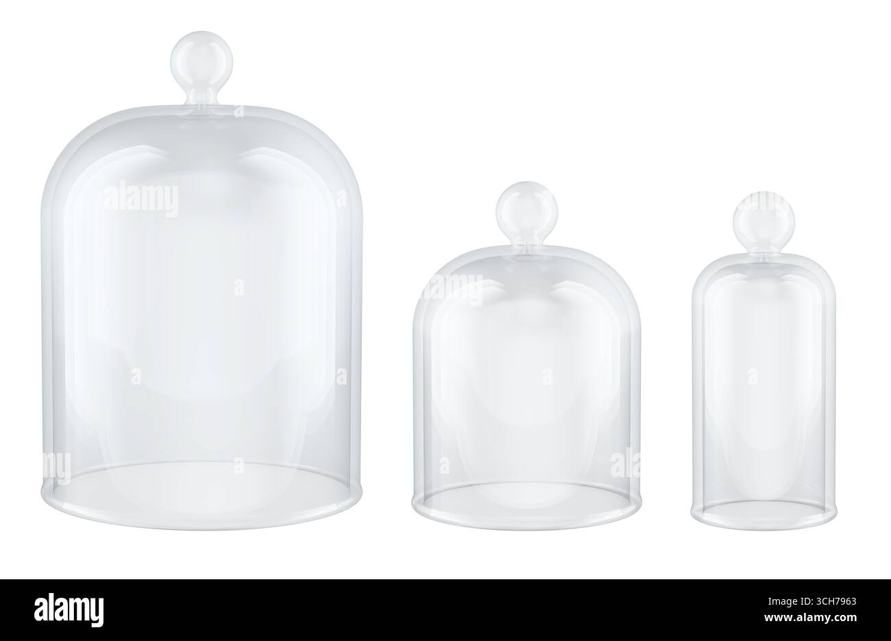 Glass bell jars set, three sizes. 3D rendering isolated on white ...