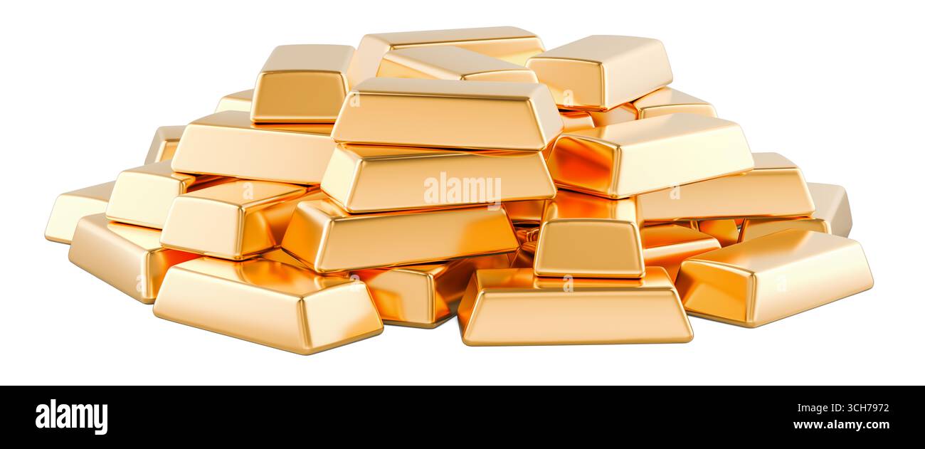 Gold bars pile, precious metal bullion stack. 3D rendering isolated on ...