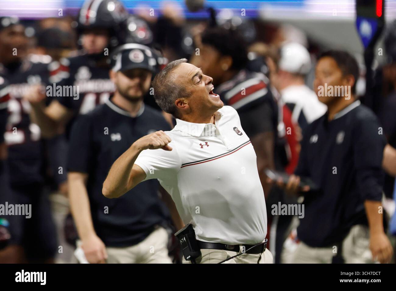 South Carolina head coach Shane Beamer reacts to his team's punt return ...