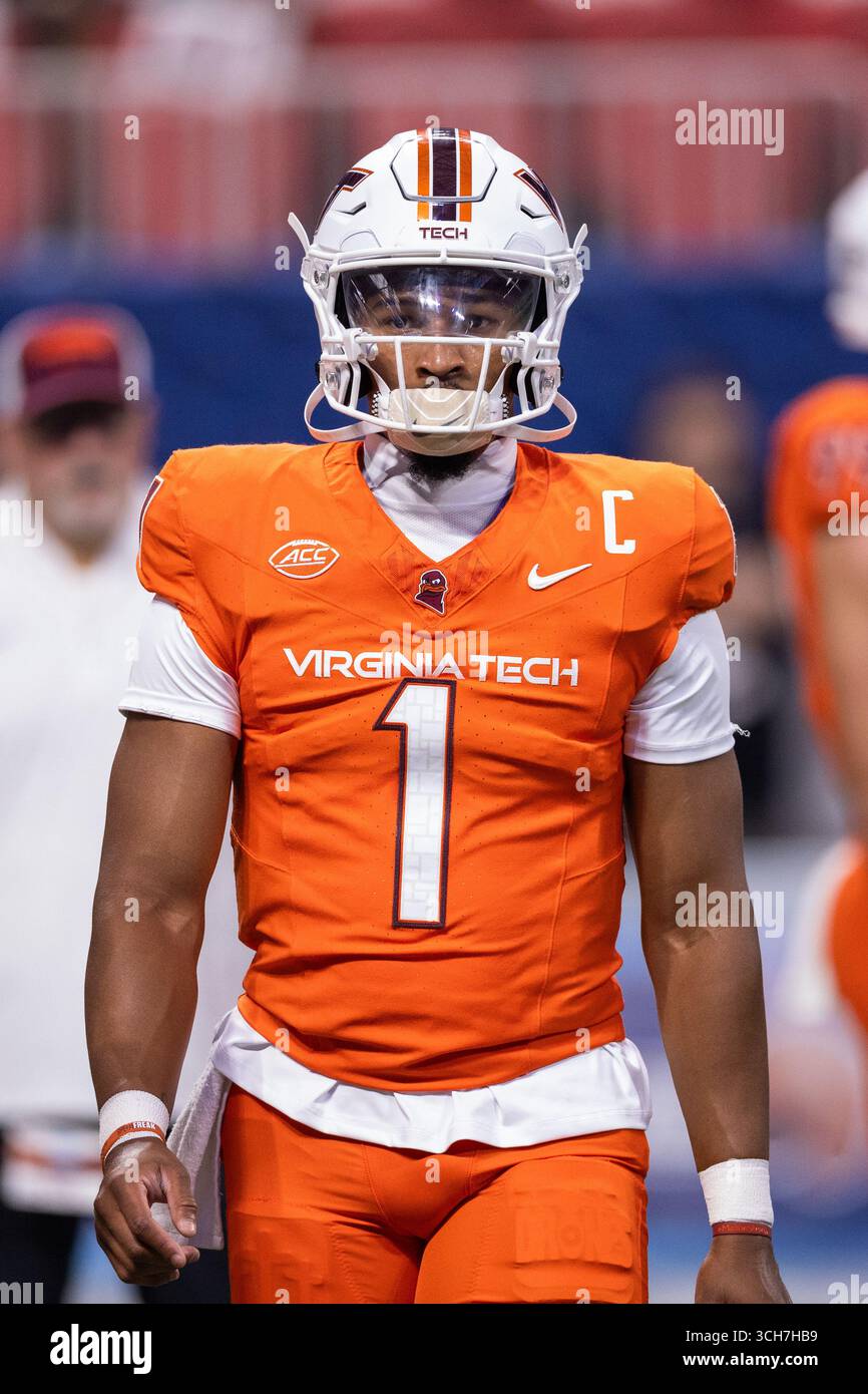 August 31, 2025: Virginia Tech Hokies quarterback Kyron Drones (1) walks around during warm ups ...
