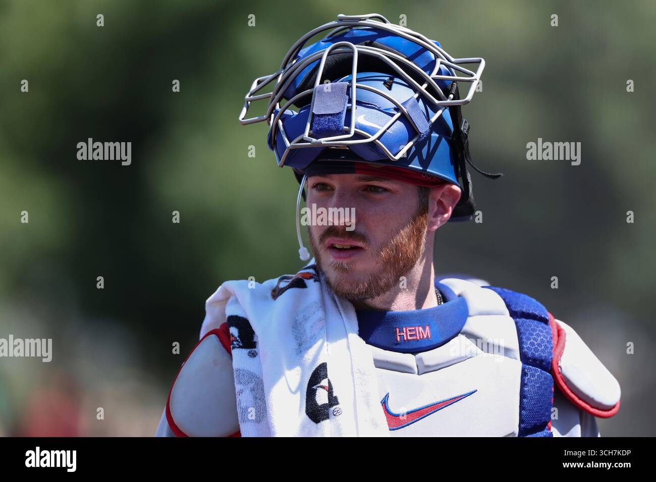 Texas Rangers catcher Jonah Heim looks to the field before a baseball ...