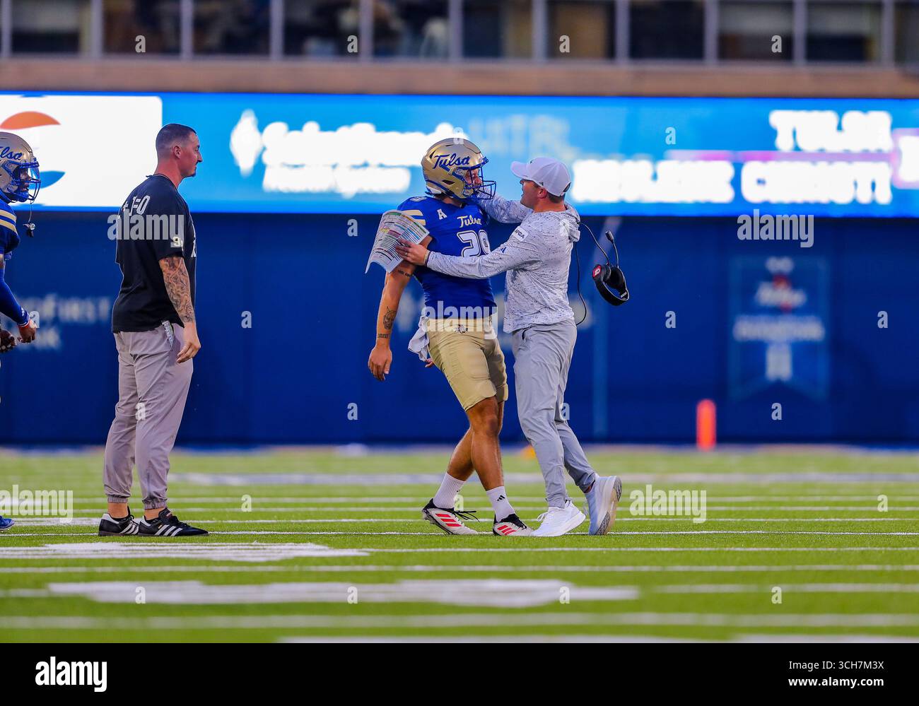 August 30, 2025:.Tulsa Golden Hurricane head coach Tre Lamb celebrates ...