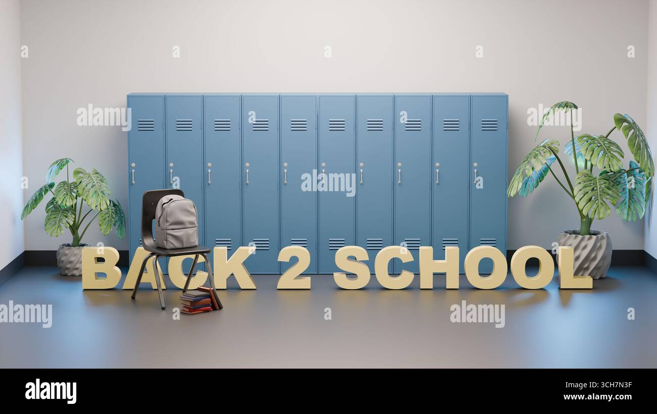 Creative 3D render showing 'Back 2 School' text with lockers, backpack ...