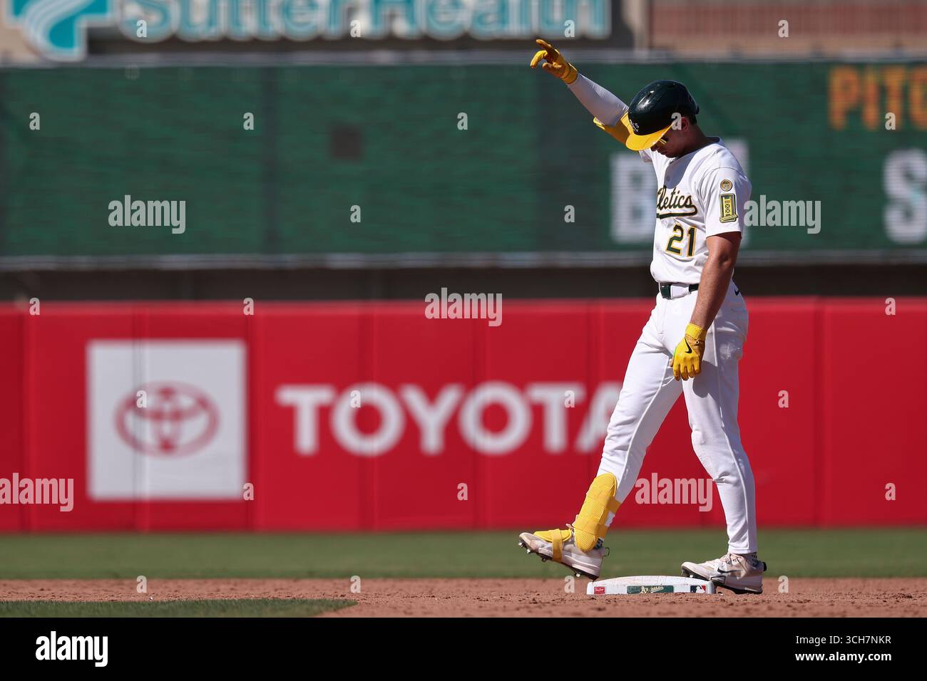 Athletics' Tyler Soderstrom points to the sky after hitting an RBI ...