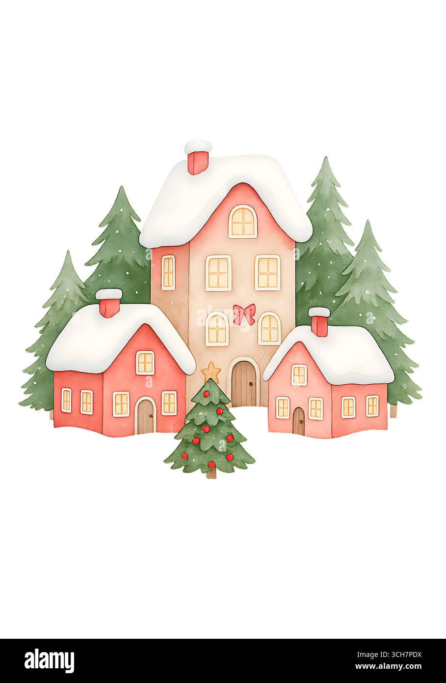 Cute Watercolor Christmas House with Snowy Roof Illustration Stock ...