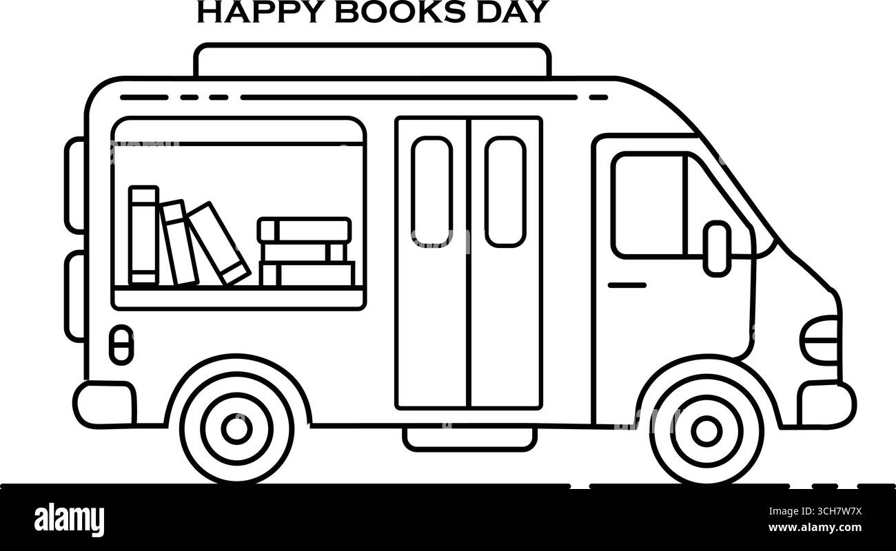 Books Day Line Art Vector – Bookmobile with Shelves and “Happy Books ...