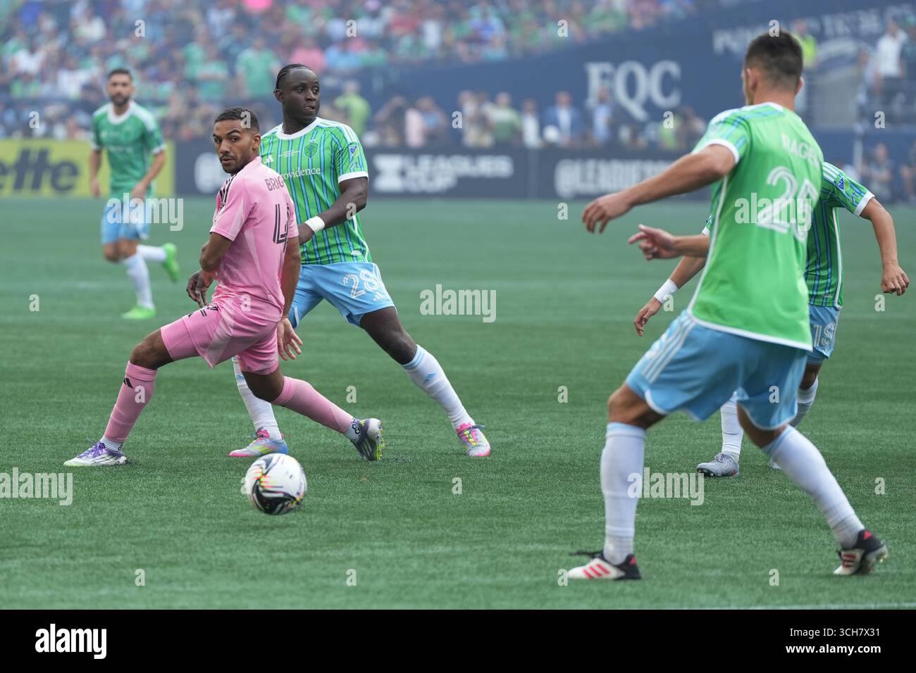 Inter Miami midfielder Yannick Bright (42) watches a pass to Seattle ...