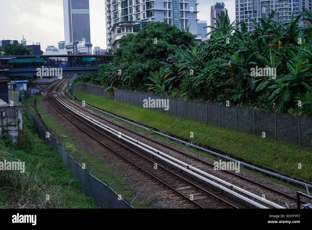 urban rail tracks curve through greenery beside modern city buildings ...