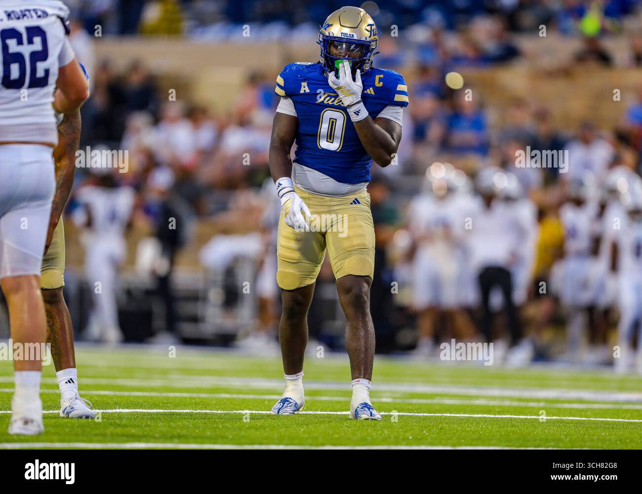 August 30, 2025:.Tulsa Golden Hurricane linebacker Ray Coney (0) ready ...