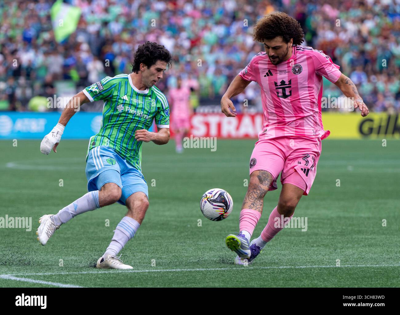 Inter Miami defender Maximiliano Falcon, right, kicks the ball away ...