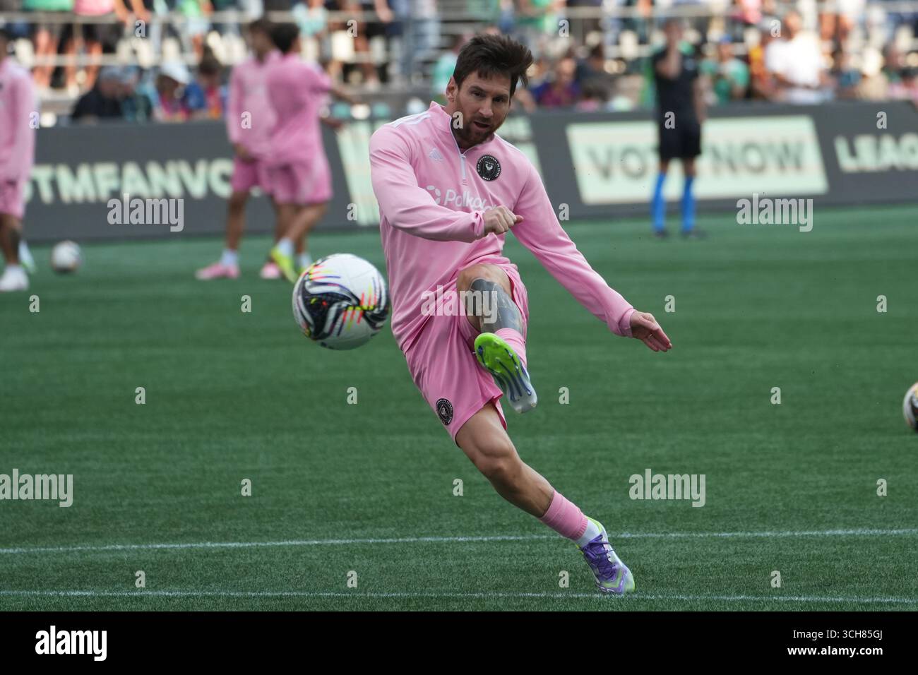 Inter Miami forward Lionel Messi (10) takes a shot before the 2025 ...