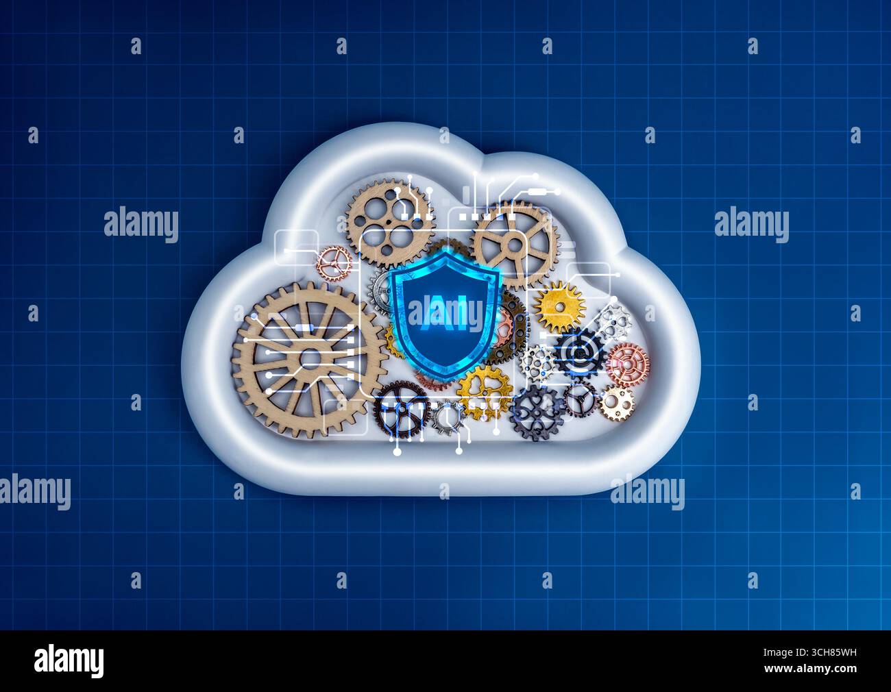 AI shield icon on cloud with gears on digital network blue background symbolizes AI cloud ...