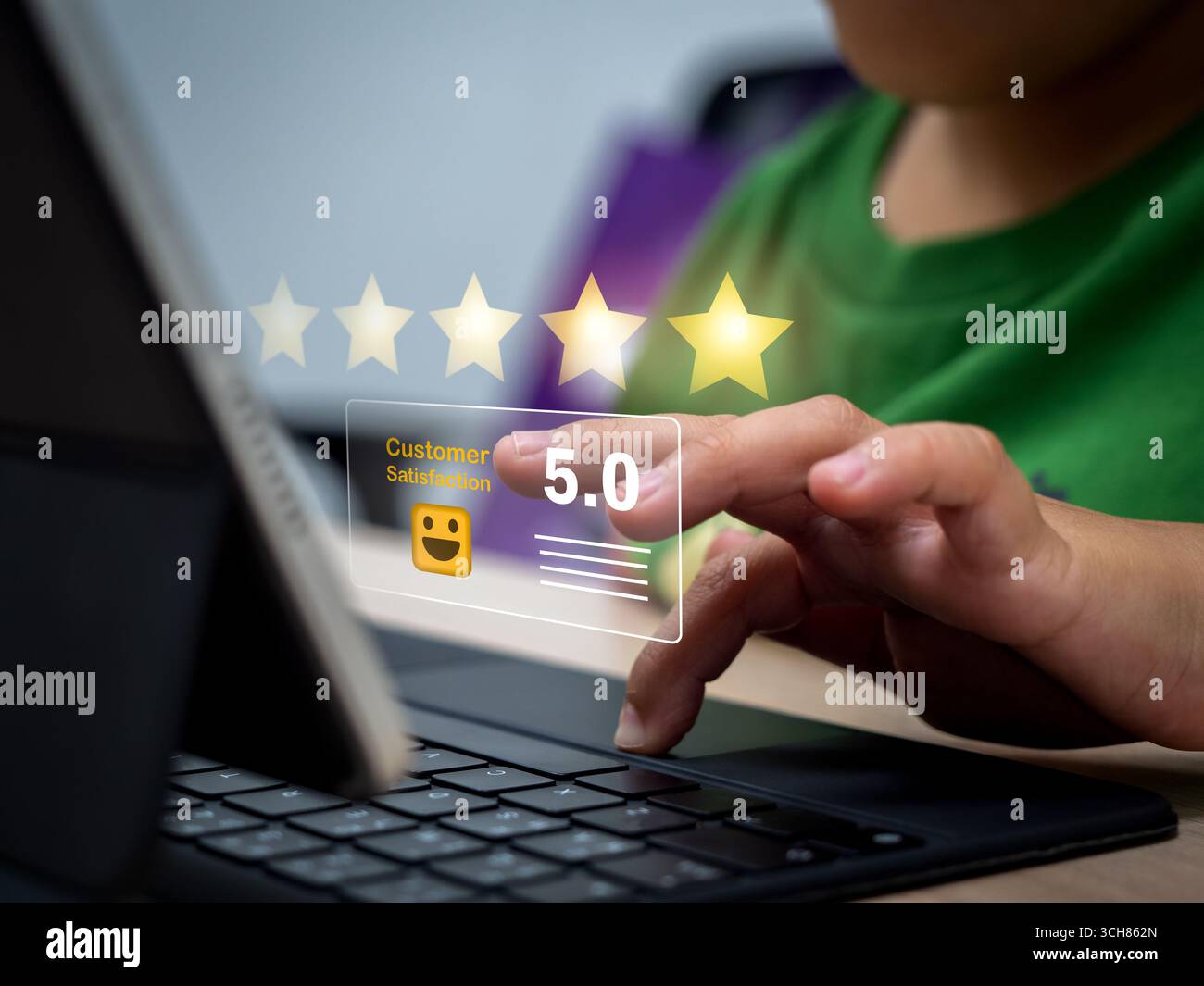 Child using tablet with virtual 5 star rating interface, representing ...