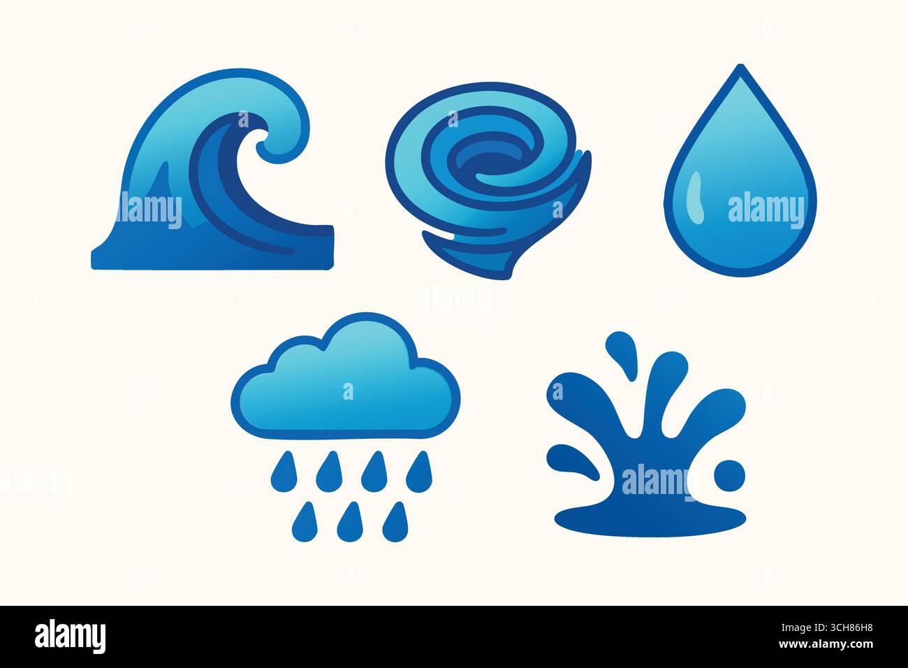 Glossy blue symbols depict an ocean wave a spiral current a teardrop a ...