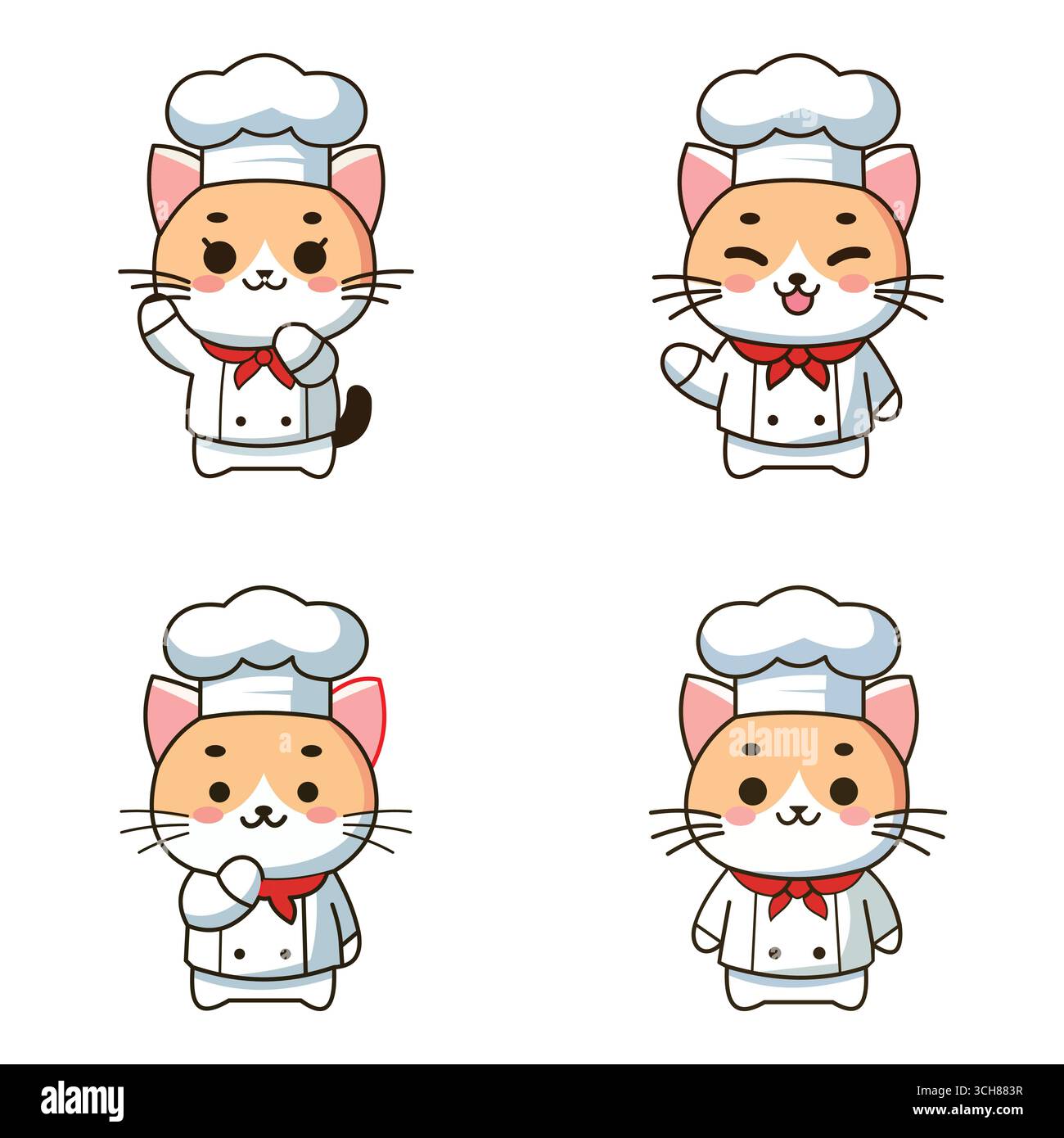 4 Cute Chef Cat Cartoon Vector Set in red, white, orange, grey and ...
