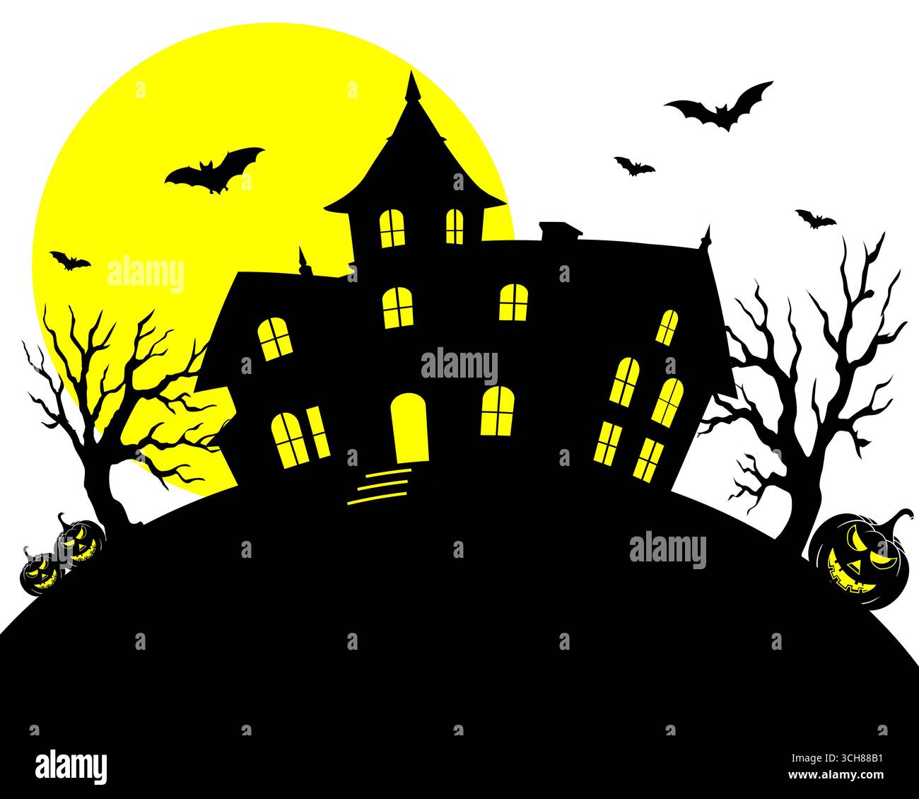Spooky Halloween Silhouette Haunted House and Bats Under Full Moon ...