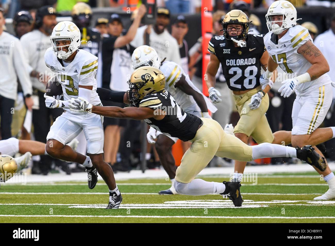 BOULDER, CO - AUGUST 29: Wide Receiver Eric Rivers #3 of the Georgia Tech Yellow Jackets, slips ...