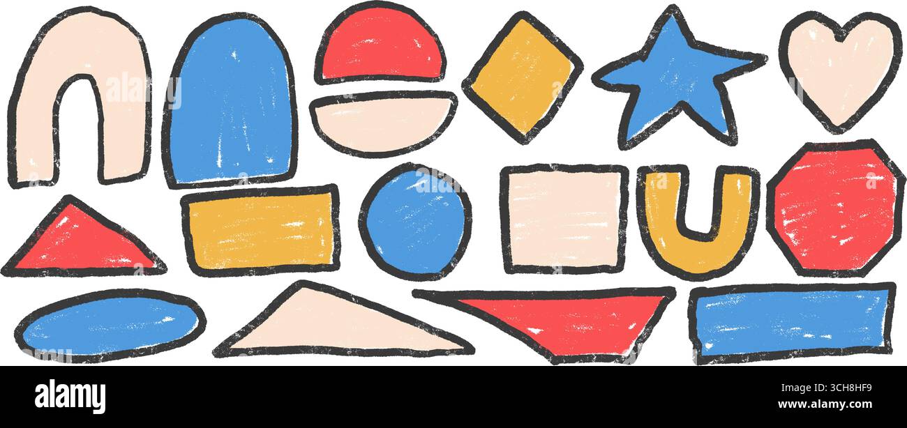 Multi colors crayon textured geometric shape with outlines set. Text ...