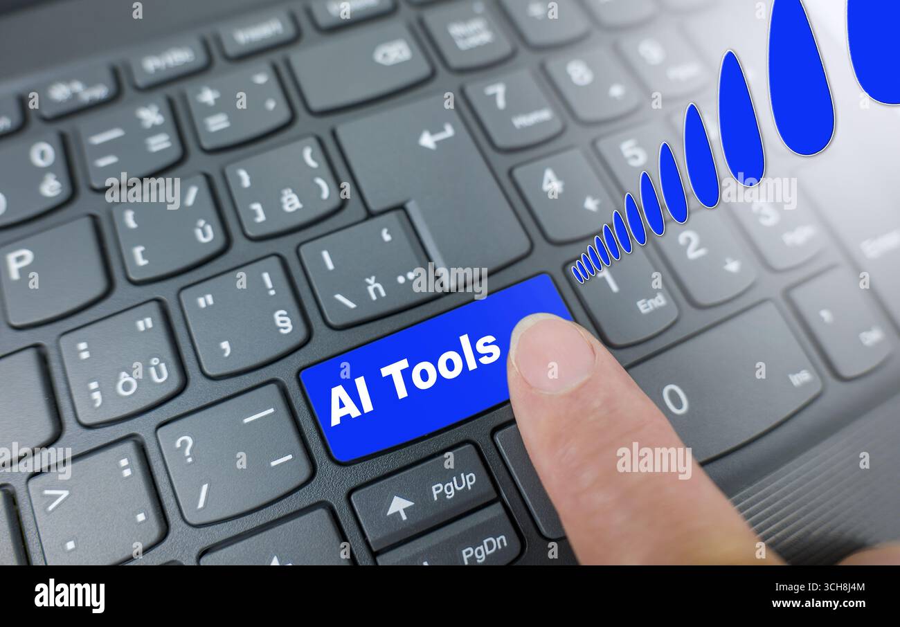 AI tools key on a blue keyboard. Finger pressing key Stock Photo - Alamy
