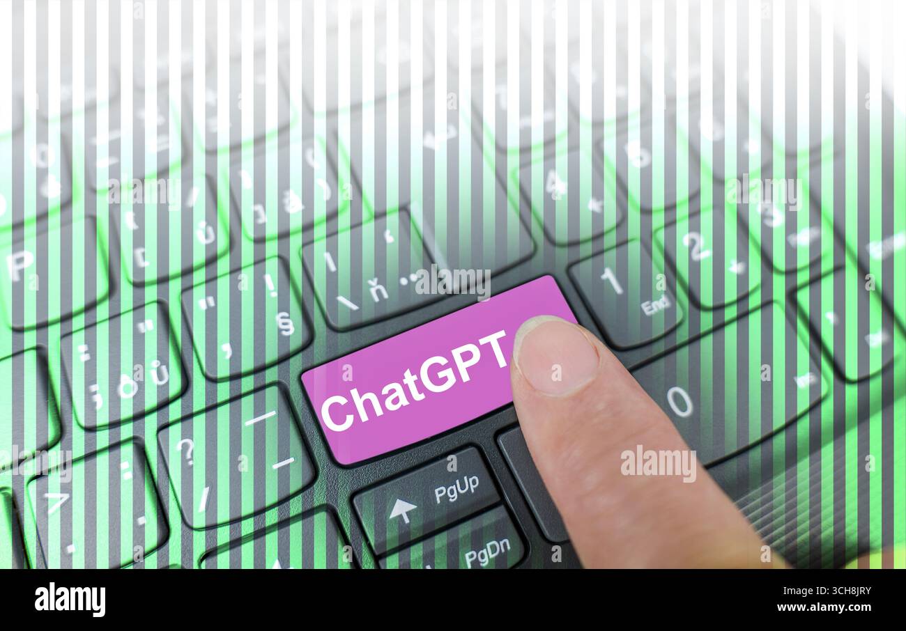 Chat GPT key on a violet keyboard. Finger pressing key Stock Photo - Alamy