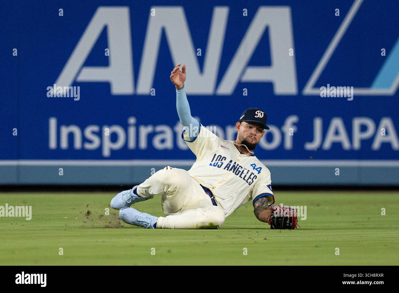 Los Angeles Dodgers outfielder Andy Pages (44) makes a catch during a ...