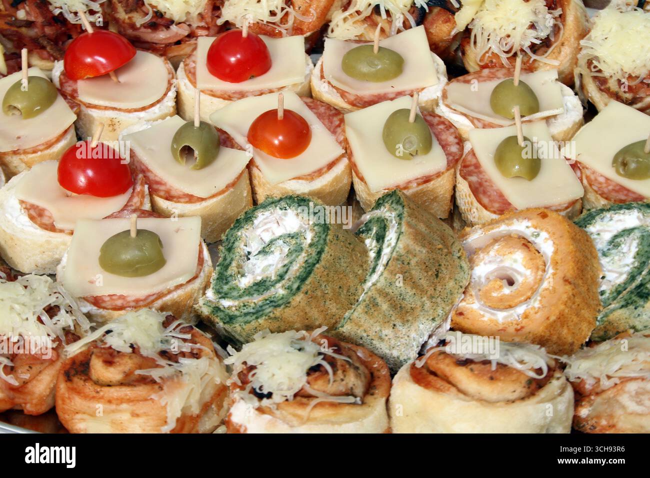 Birthday party catering buffet with different food snacks and ...