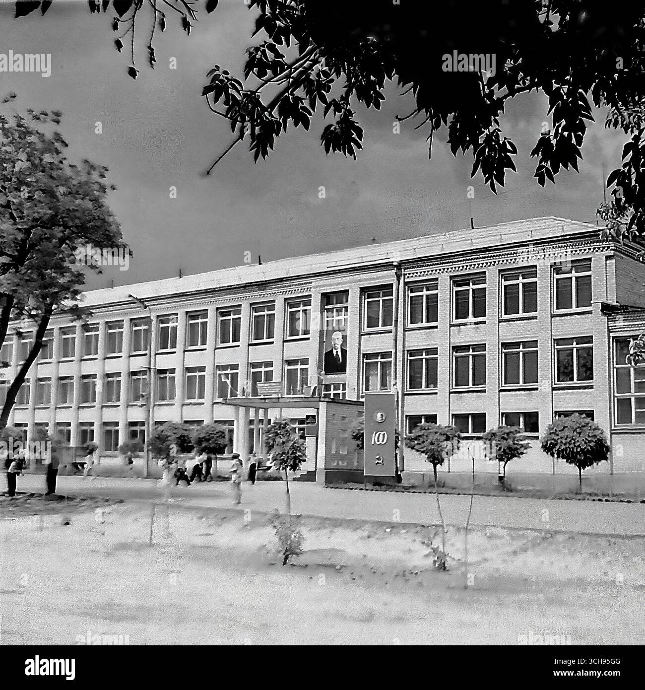 A typical Soviet school in Sviatohirsk, festively decorated in 1983 to ...