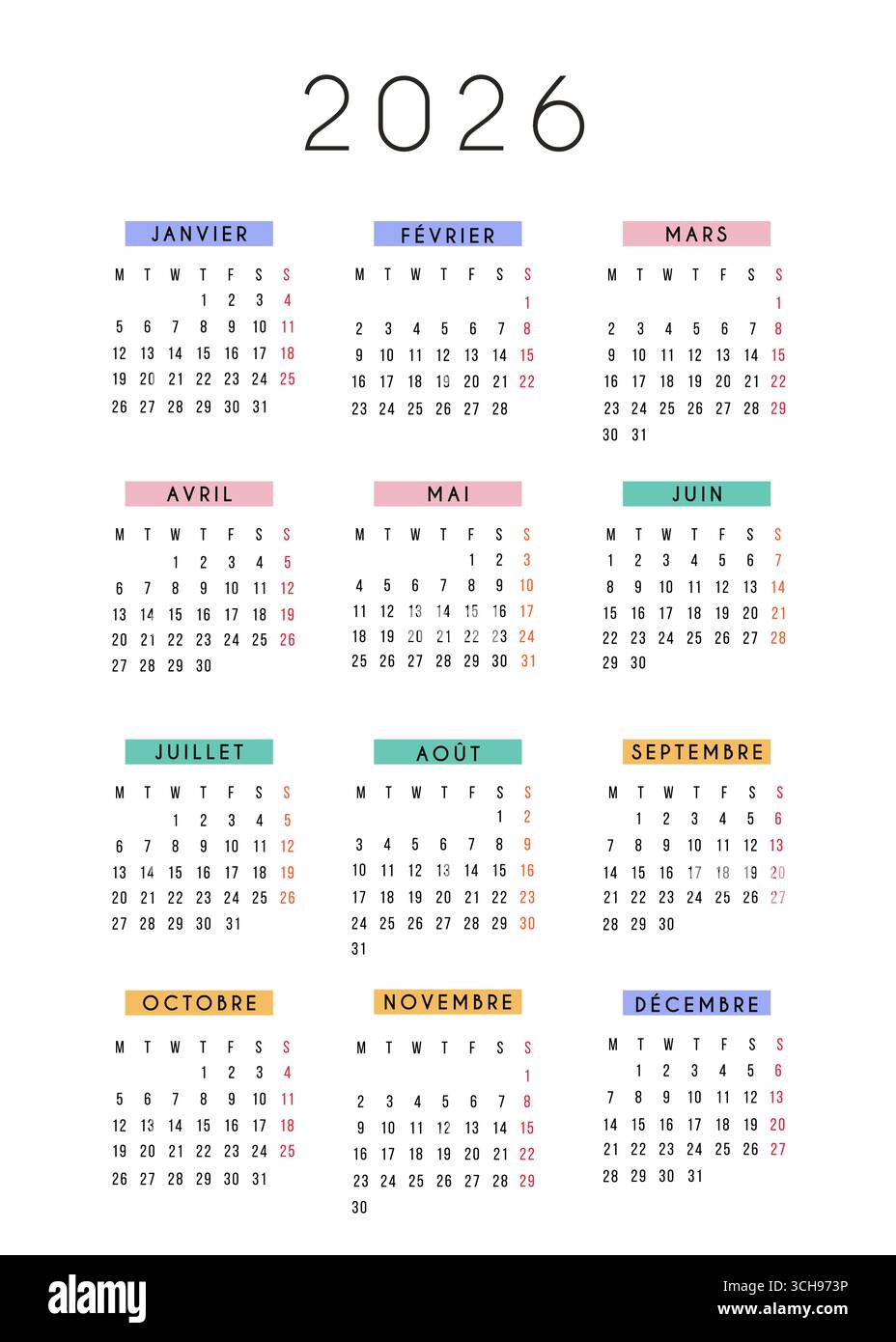 2026 yearly calendar in modern minimal design with colorful month ...
