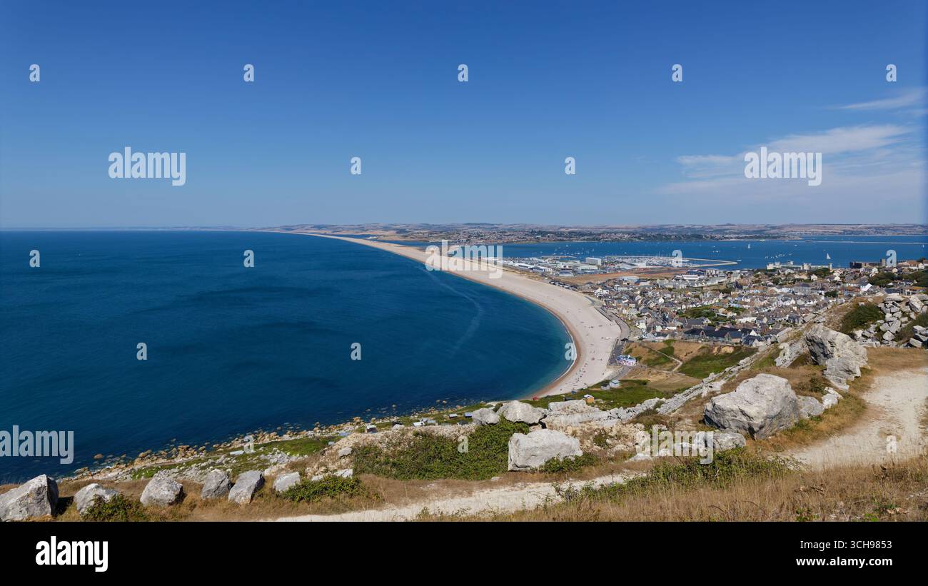 Chesil Beach and Portland Harbour viewed from Tout Quarry, Portland ...