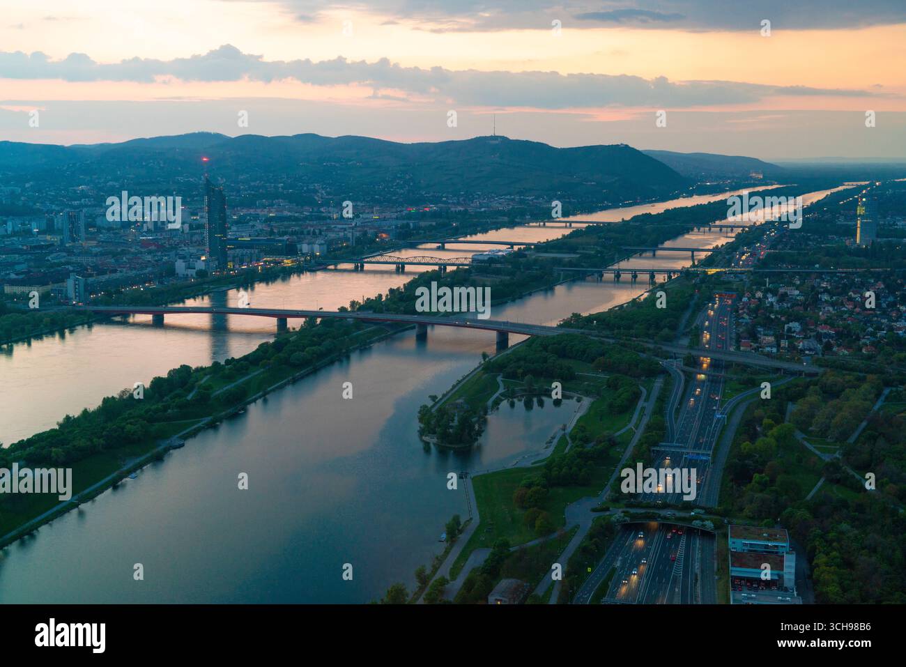 Sunset Aerial View of Vienna and Danube River Stock Photo - Alamy