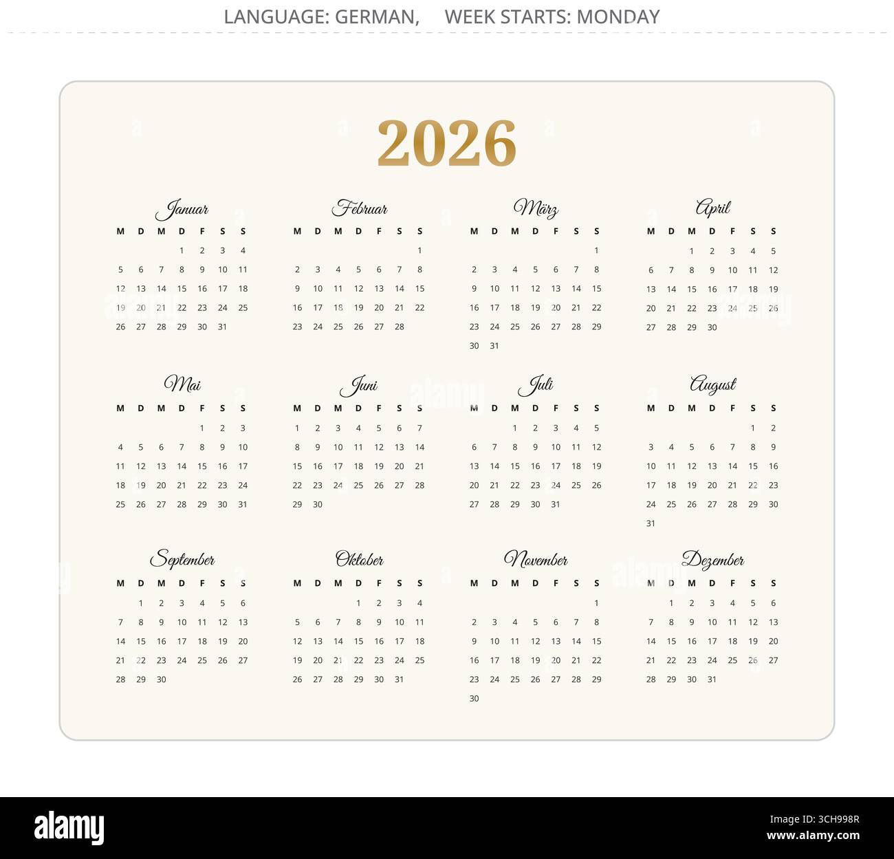 GERMAN calendar on 2026 year. Vector illustration for Germany (germanic ...