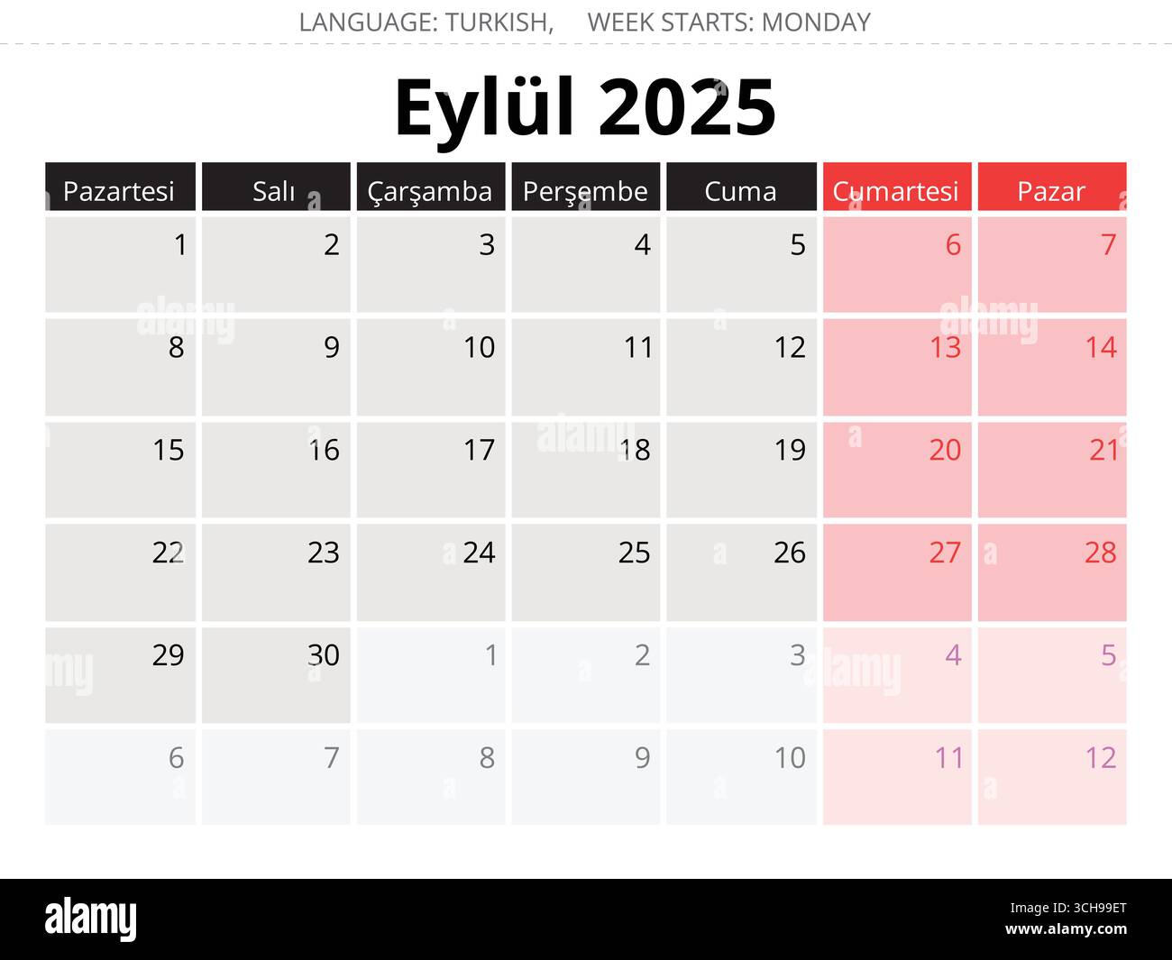 Turkish calendar for september 2025. Vector illustration for month for ...