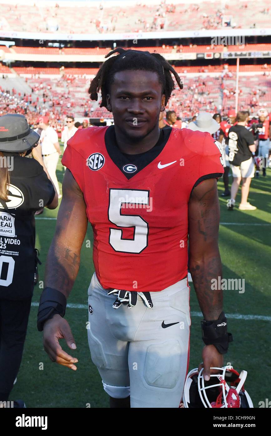 ATHENS, GA - AUGUST 30: Raylen Wilson #5 of the Georgia Bulldogs walks ...