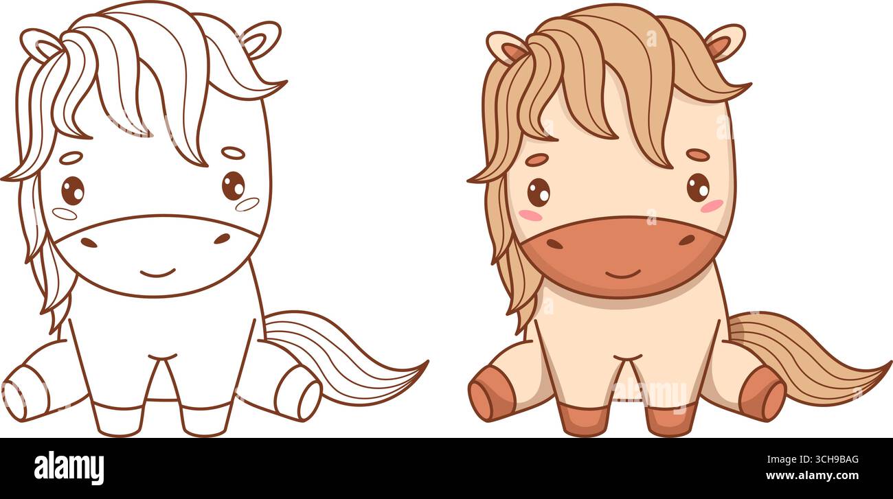 Cute Cartoon Little Horse set. Outline Line and Color drawing, Coloring ...