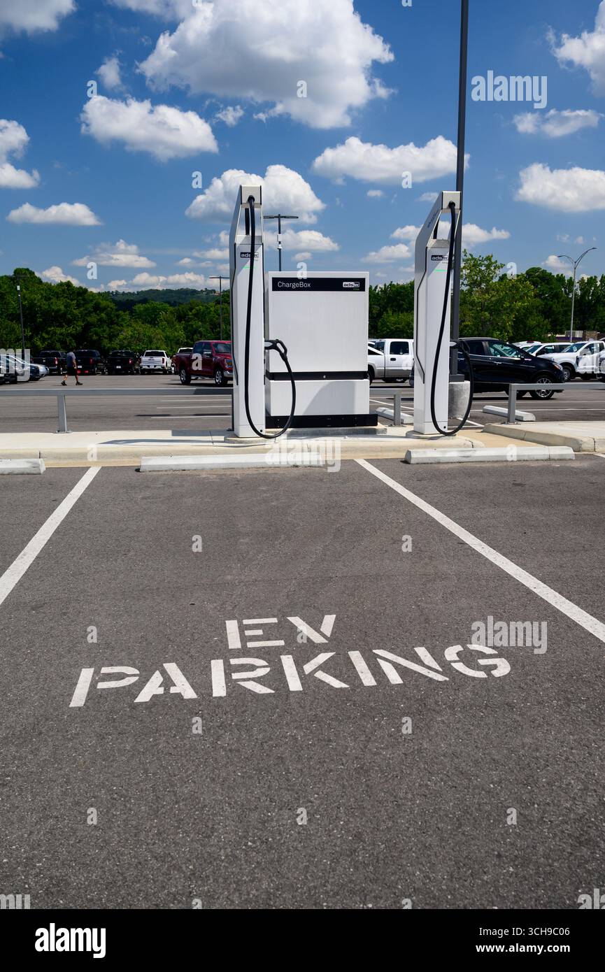 Pavement markings and EV charging station at a car dealer ship Stock ...