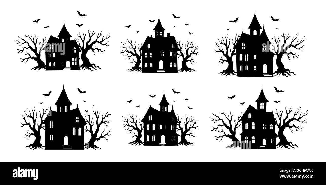 Set of Bundle Spooky Haunted House silhouette Vector Isolated Design ...