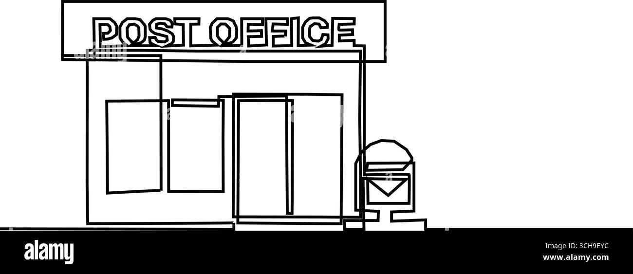 One line drawing of a post office with a mail symbol for communication ...